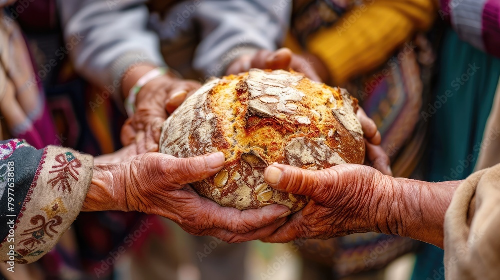 Diverse hands passing a loaf of bread, symbolizing sharing and unity ...