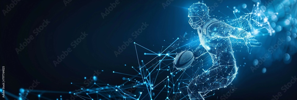 technology in rugby game, digital blue low poly rugby player with ...