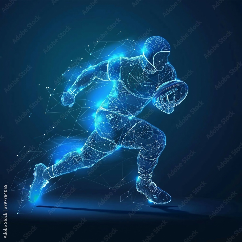 technology in rugby game, digital blue low poly rugby player with ...