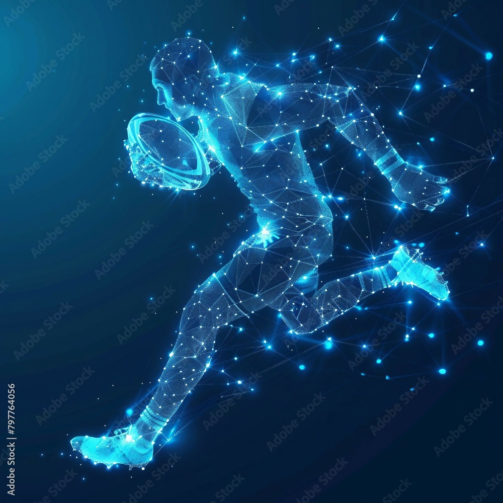 technology in rugby game, digital blue low poly rugby player with ...