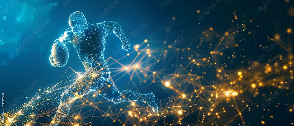 technology in rugby game, digital yellow low poly rugby player with ...