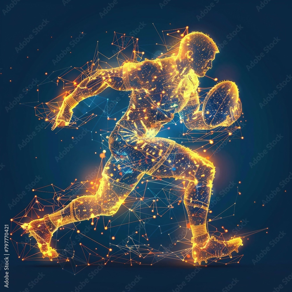 technology in rugby game, digital yellow low poly rugby player with ...