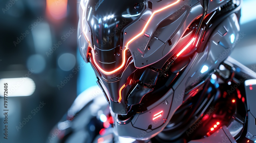 Design a futuristic 3D robot model from a low eye-level angle ...