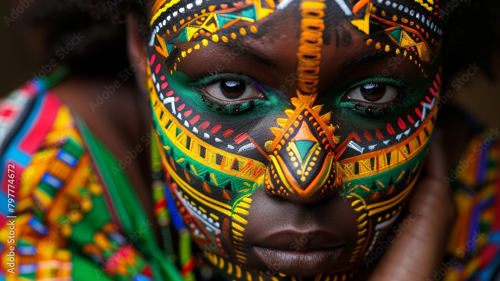 African woman with her face painted in the style of African tribal ...