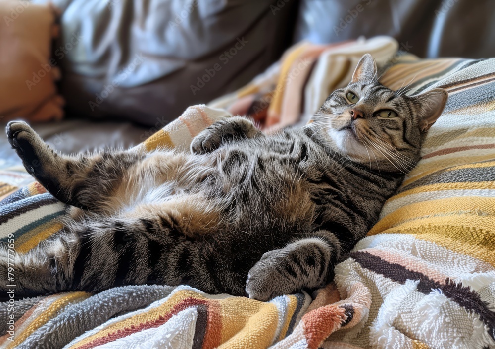 A photo of an obese grey tabby cat laying on its back belly, cute and ...