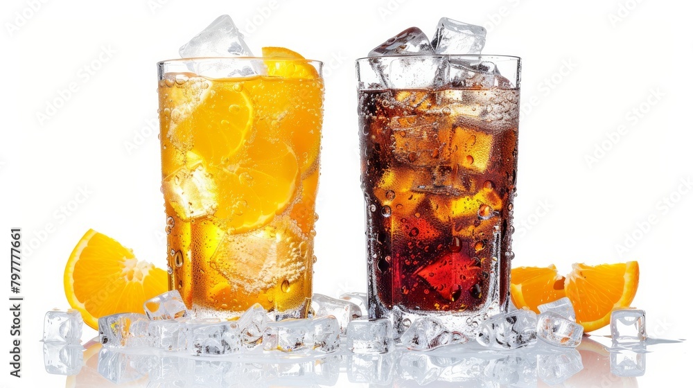 Glasses of cola and orange soda drink and lemonade sparkling water on white background with ice ...