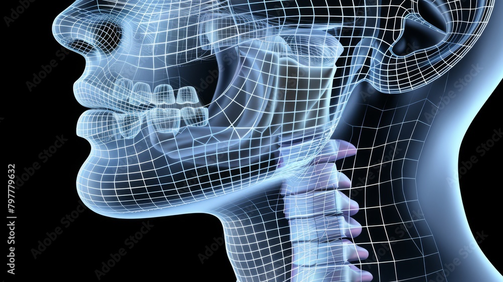 Blueprint-style side profile illustration of human dental arches ...