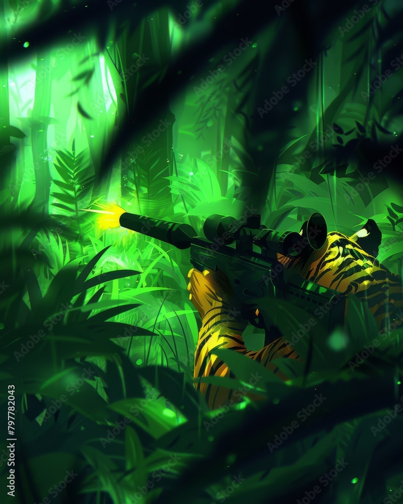 Hyper realistic, tiger with sniper rifle, laser sight scope, jungle ...