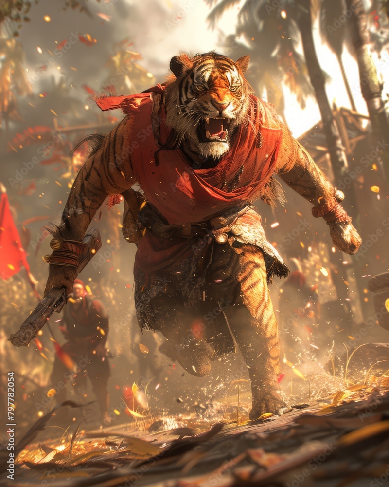 Hyper realistic, tiger with sniper rifle, laser sight scope, jungle ...