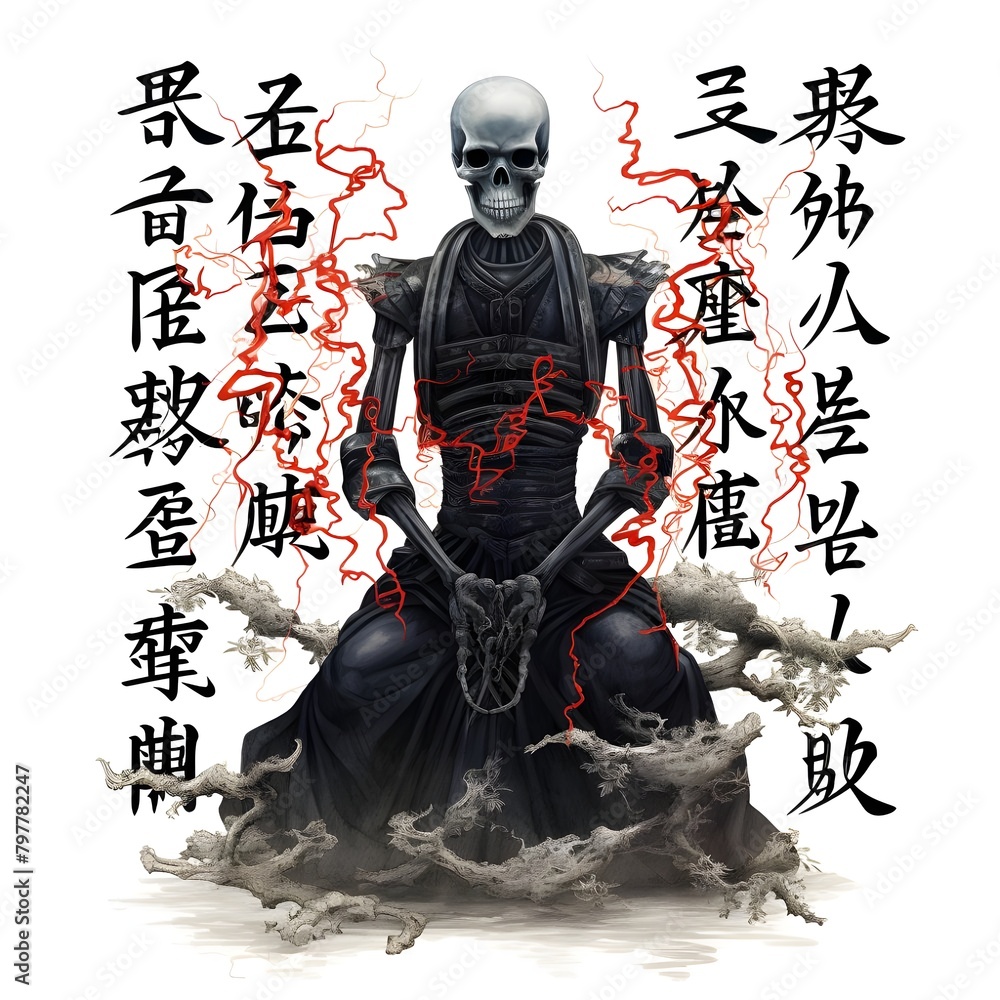 image of a black skeleton, skeletal structure and Japanese writing, in ...