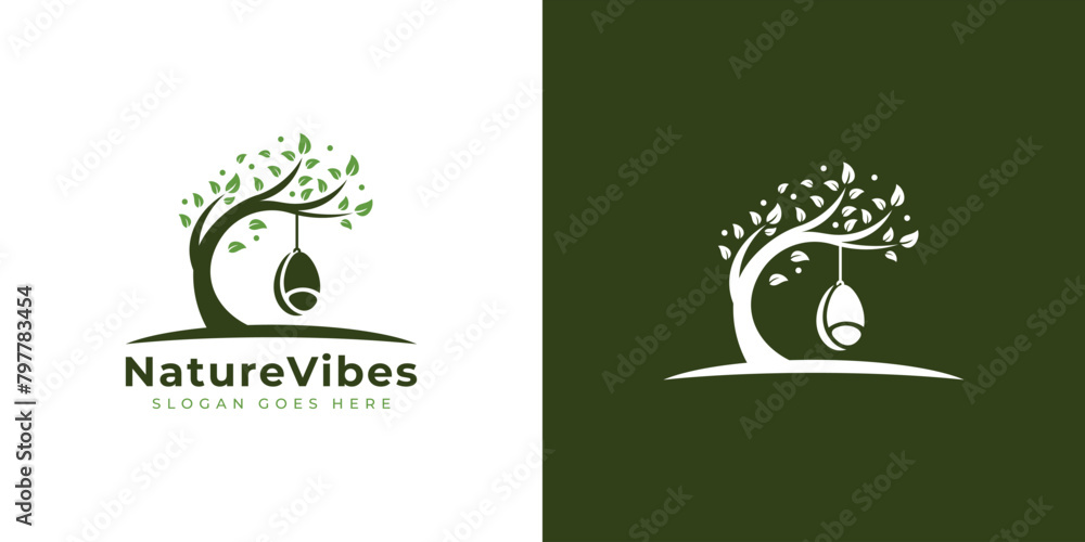 Simple Nature Vibes Logo. Tree and Hanging Chair, Swing Chair with ...