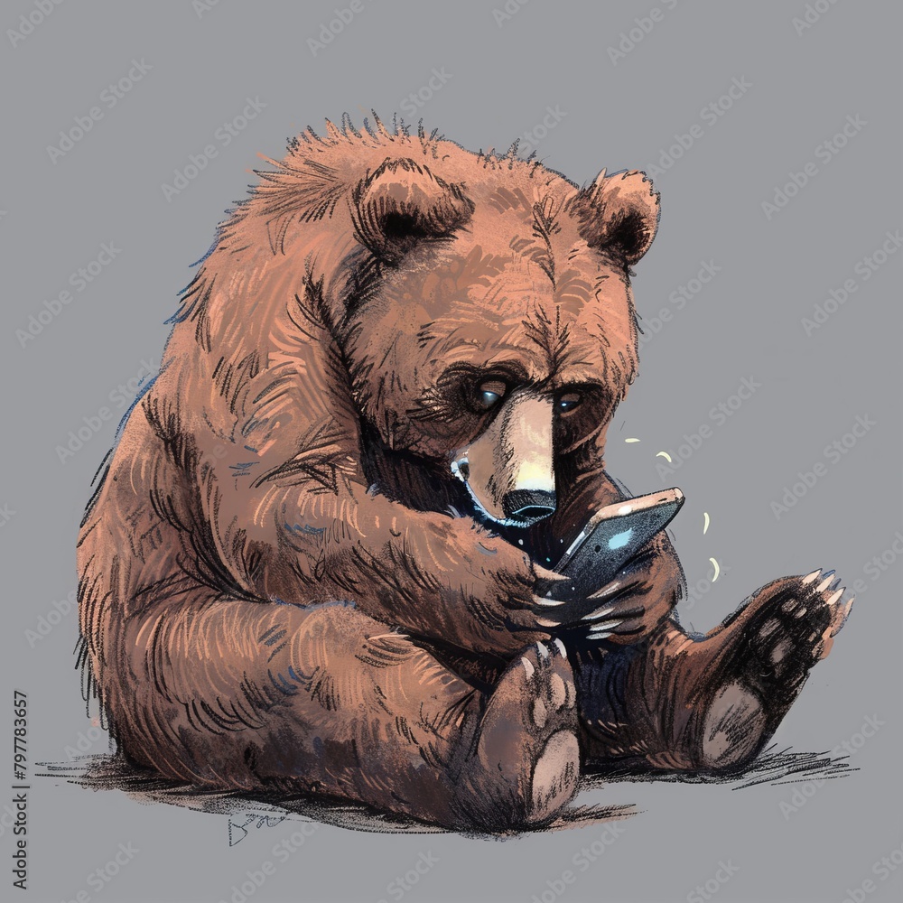 Sad little lonely cute grizzly bear longingly looking at his phone ...
