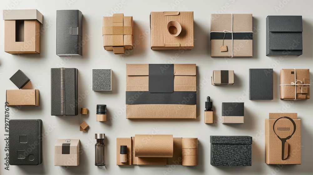 A collection of boxes and packages with a variety of shapes and sizes ...