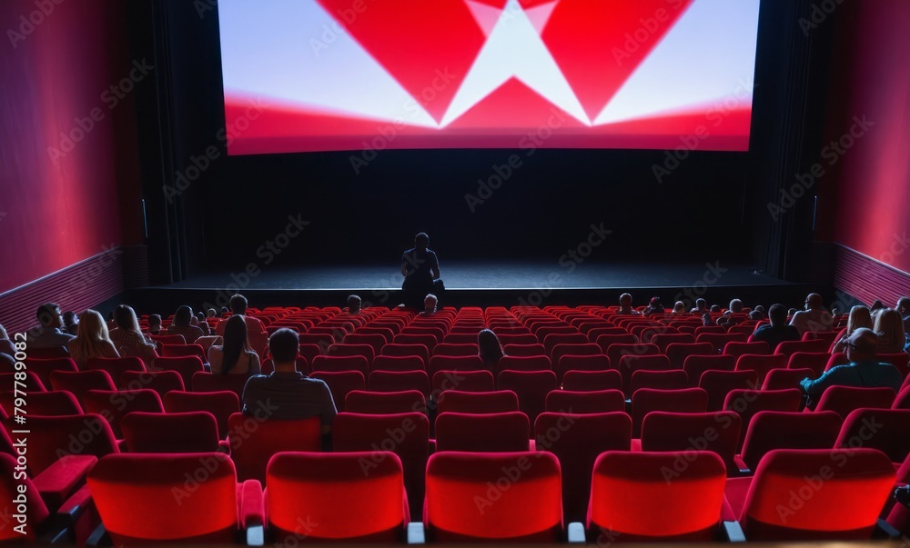 Cinema wide screen and people in red chairs in the cinema hall. Blurred ...