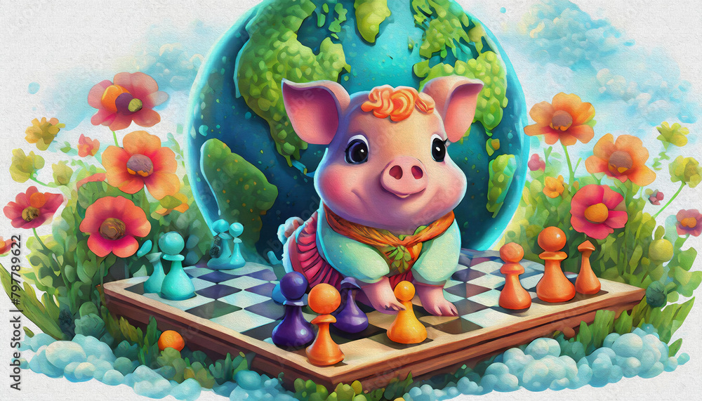 oil painting style CARTOON CHARACTER CUTE baby pig in game of chess ...