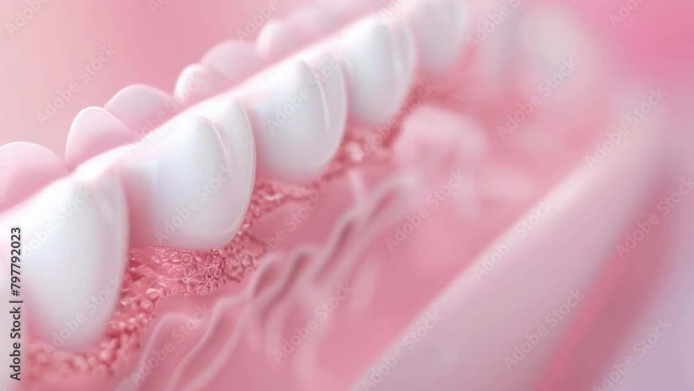 A 3D animation still of a healthy oral cavity, showcasing a detailed ...