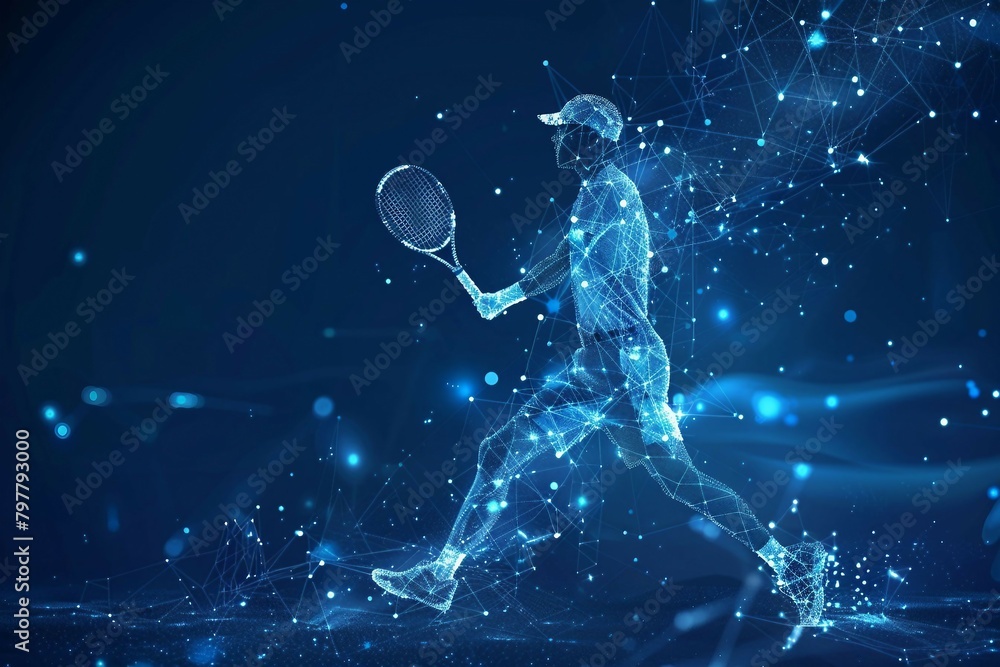 technology in tennis sports, digital blue low poly tennis player with ...