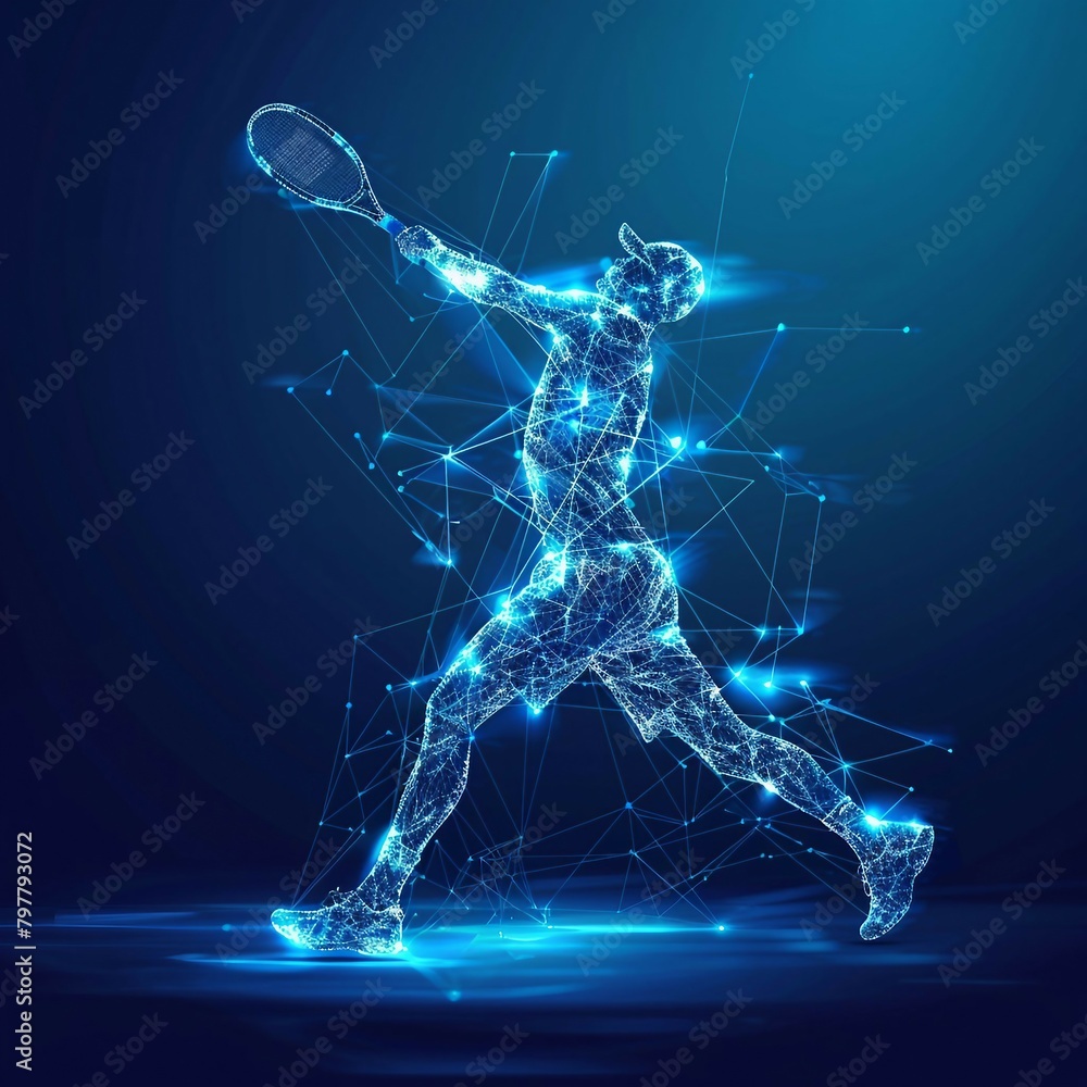 technology in tennis sports, digital blue low poly tennis player with ...