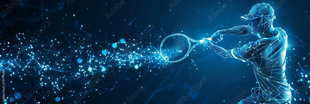 technology in tennis sports, digital blue low poly tennis player with ...