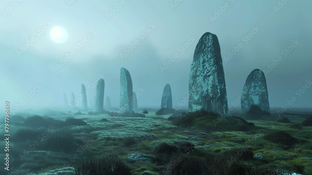 Discover the enigmatic aura of a mist-covered moor, where age-old stone ...