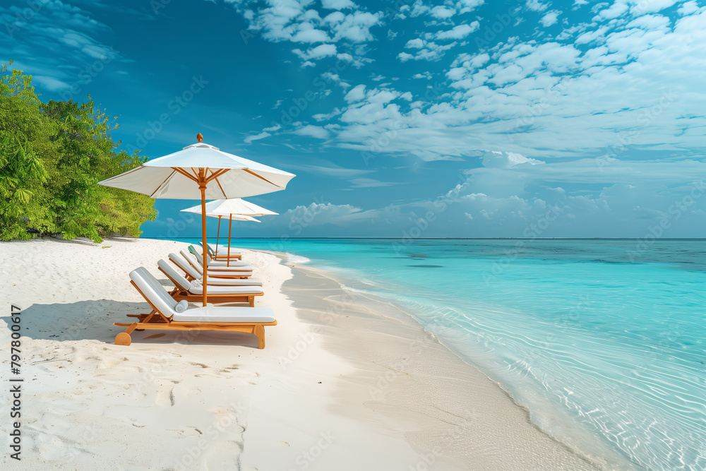 A gorgeous tropical beach resort with a swimming pool and sun loungers ...