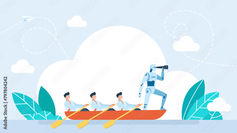 Human and robot cooperation concept. Group of businessmen rowing a boat and robot humanoid with ...