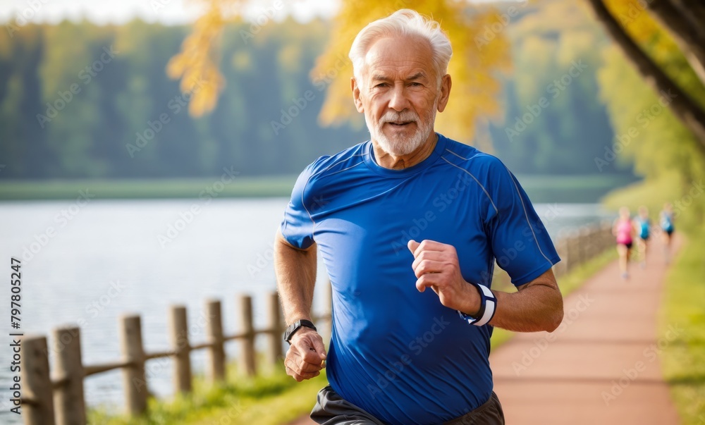 Elderly man running to stay healthy, vital, enjoying physical activity ...