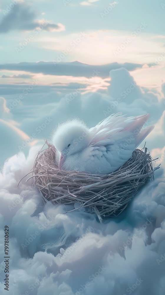 A gentle fantasy bird with plush, pastel feathers, curled up in a nest ...
