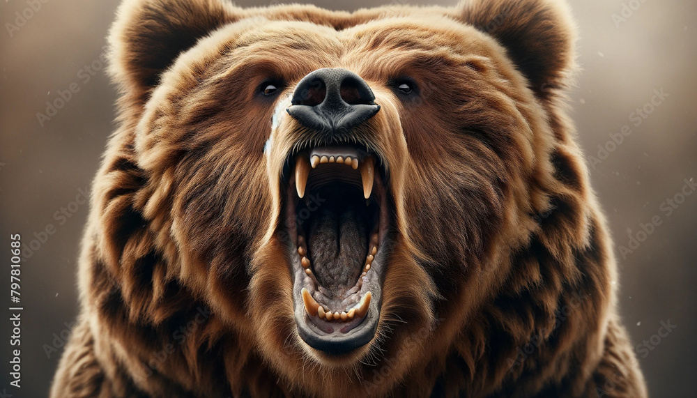 Roaring brown bear close-up. Powerful jaw and large sharp teeth of the ...