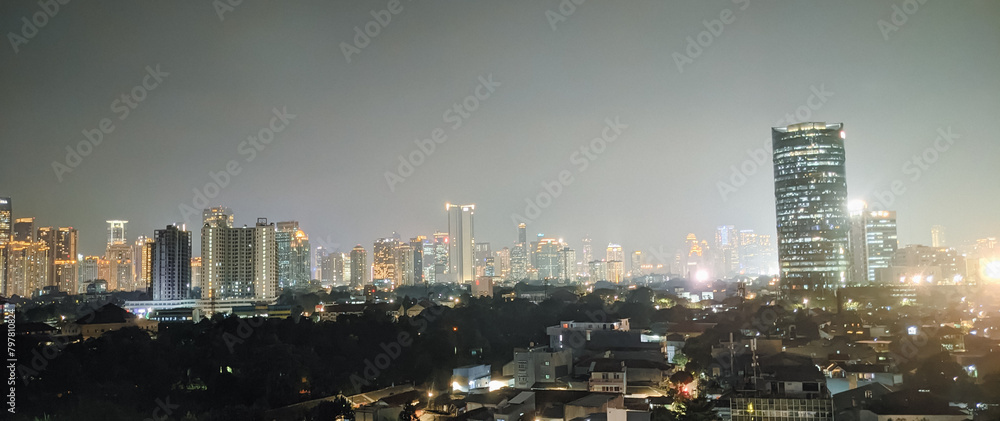 Sensational night view of Jakarta skyline at night. Horizontal banner ...