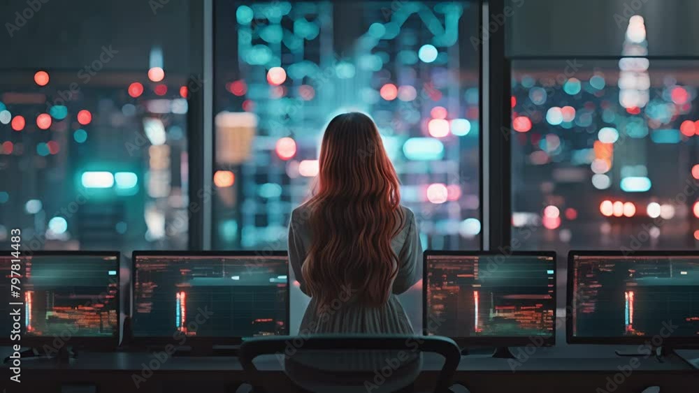 A female stock trader looking at multiple computer monitors displaying ...