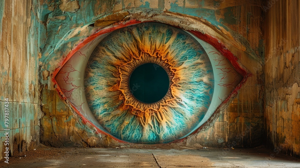 A large eyeball is set in a decaying concrete wall. The eyeball is ...