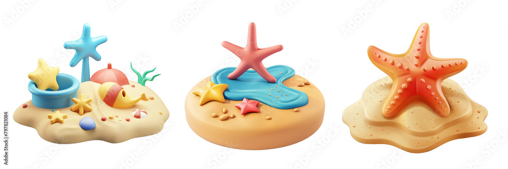 PNG beach sand 3d icons and objects collection, in cartoon style ...