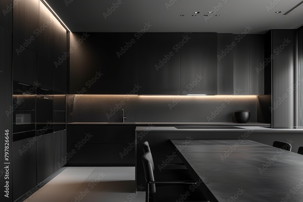 the black cabinets and gray tabletop. Use soft, diffused lighting to ...