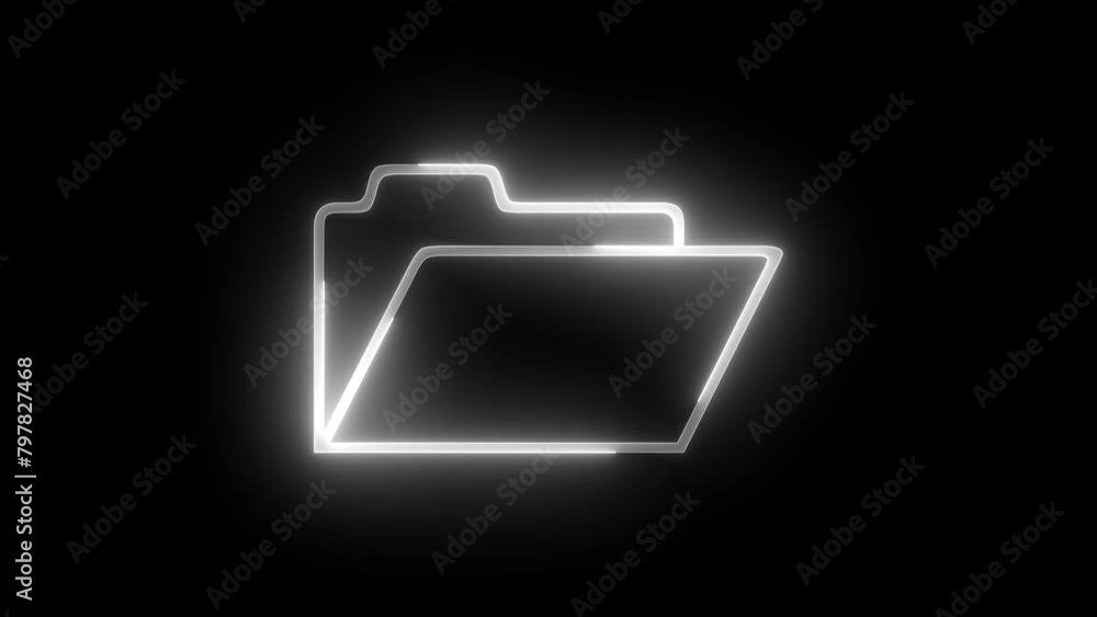 File folder icon glowing neon white color animation black background ...
