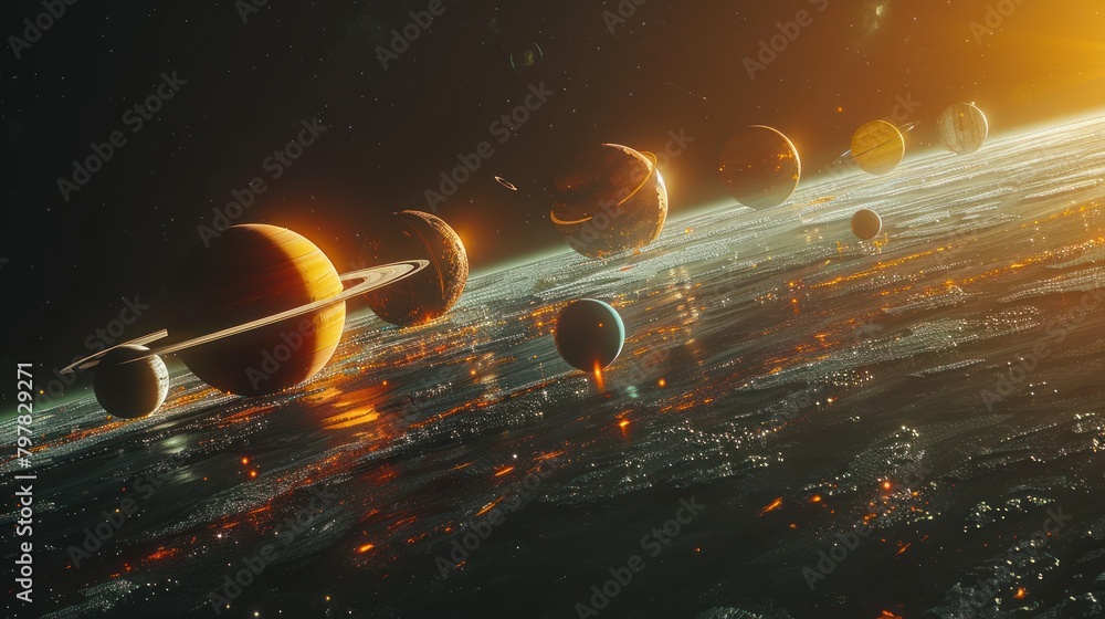 7 planets float in a black void, one of the planets has a large metal ...