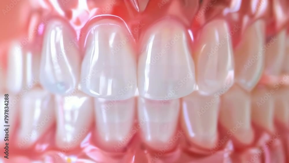A macro image of molars bathed in a soft pink light, showcasing the ...