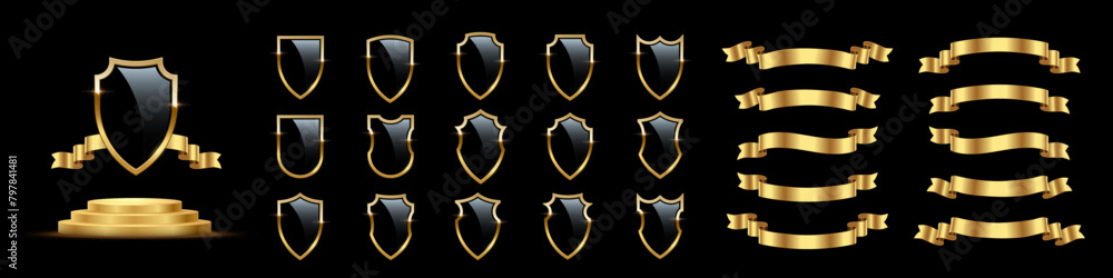Black shields with golden frame, ribbons, pedestal vector set for ...
