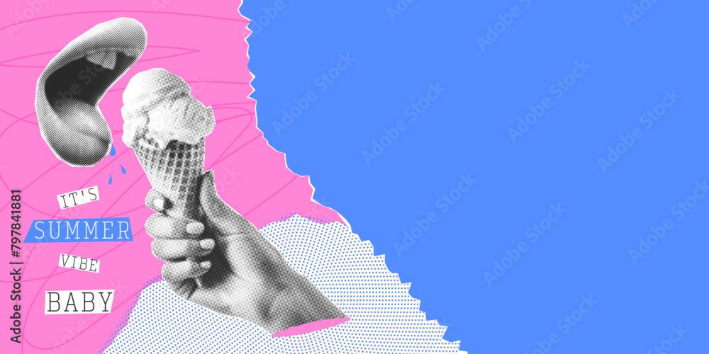 Summer vibe banner with empty space for your designs. Pop art halftone ...