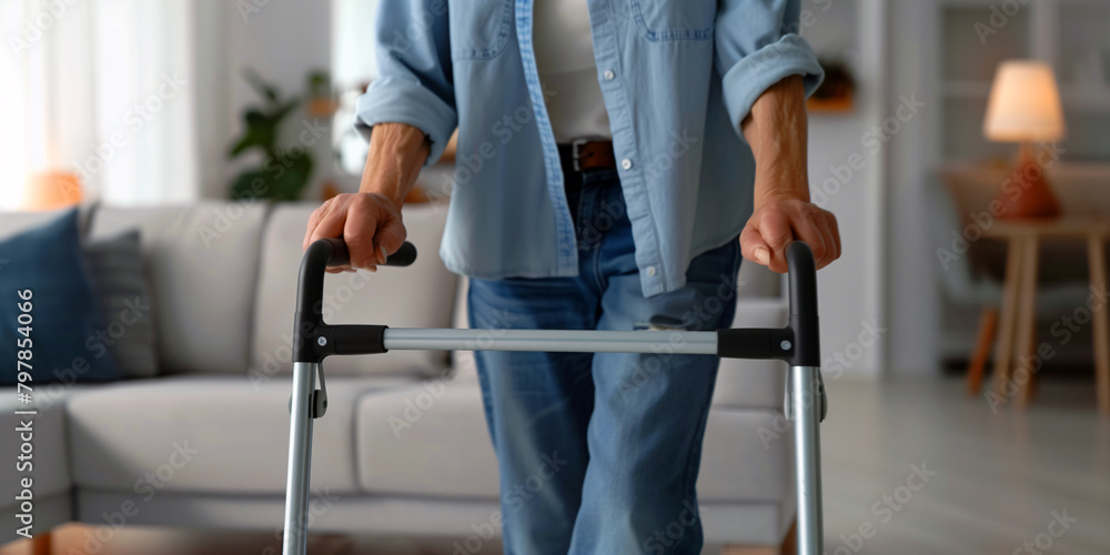 a senior person using a walker at home, standing in the living room ...