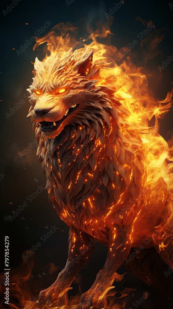 A majestic fire dog from an eye-level angle, emphasizing photorealistic ...