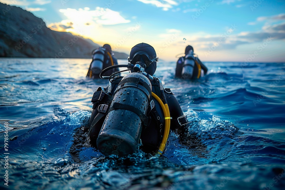 The golden light of dusk illuminates a scuba diver, capturing the ...