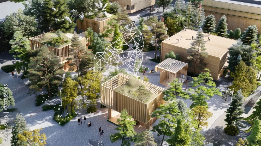 Architectural model of a sustainable building complex with green roofs ...