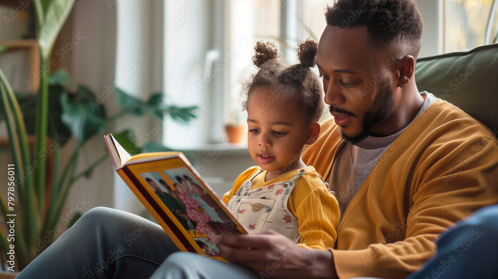 In a quiet corner of their home, a father reads a fairy tale to his ...