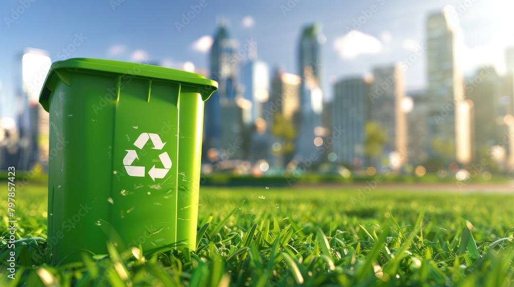 Green recycling bin filled with recyclables in an urban park ...