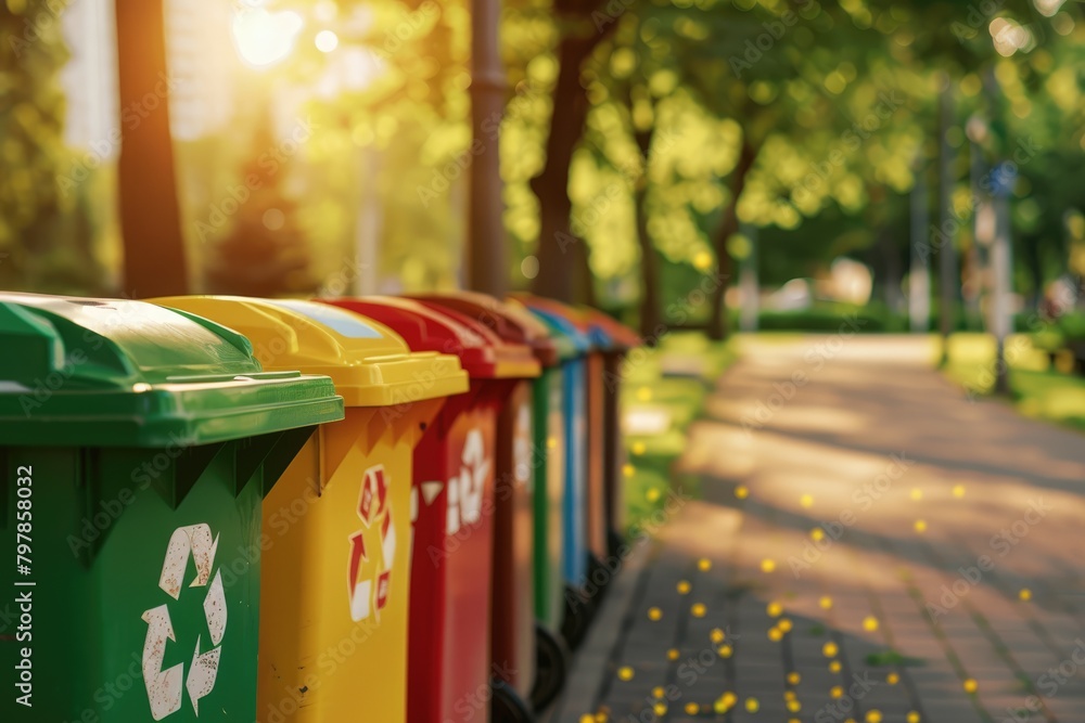 Row of color-coded recycling bins in a park at sunrise, promoting environmental sustainability ...