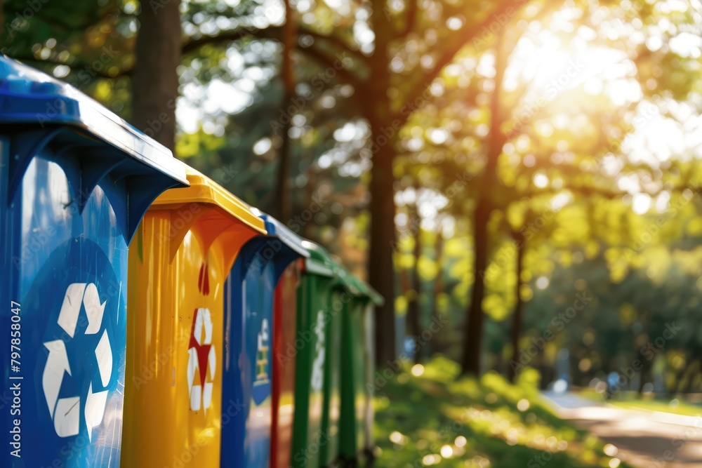 Row of color-coded recycling bins in a park at sunrise, promoting ...