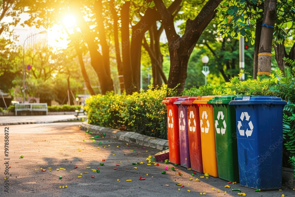 Row of color-coded recycling bins in a park at sunrise, promoting ...