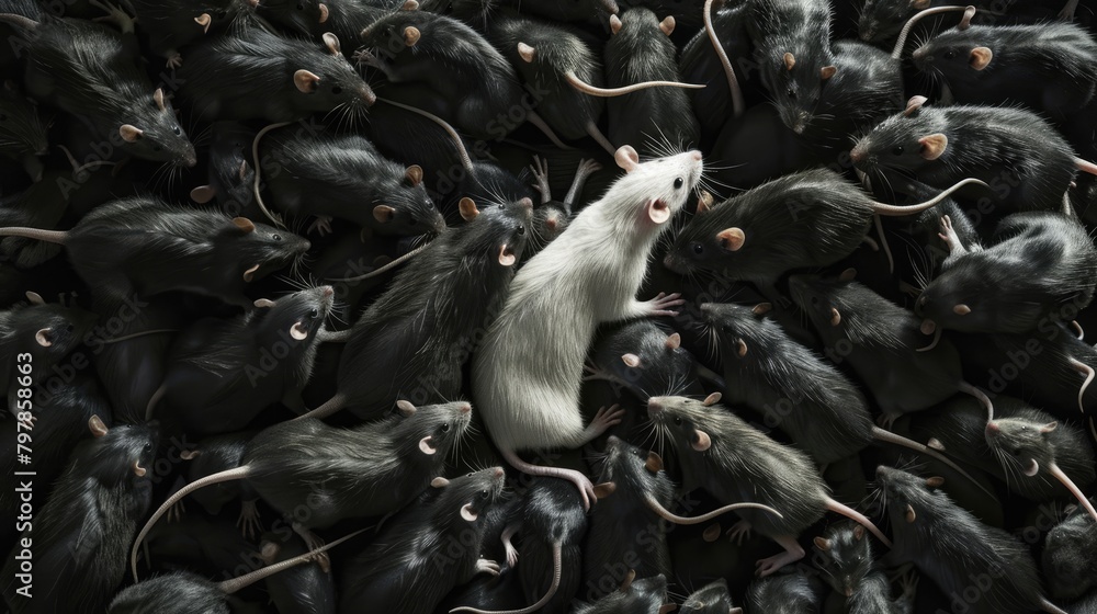 Standout white rat among a crowd of black rats, a striking metaphor for ...