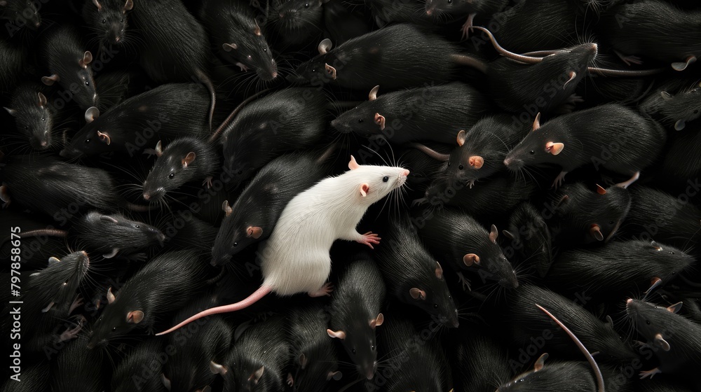 Standout white rat among a crowd of black rats, a striking metaphor for ...